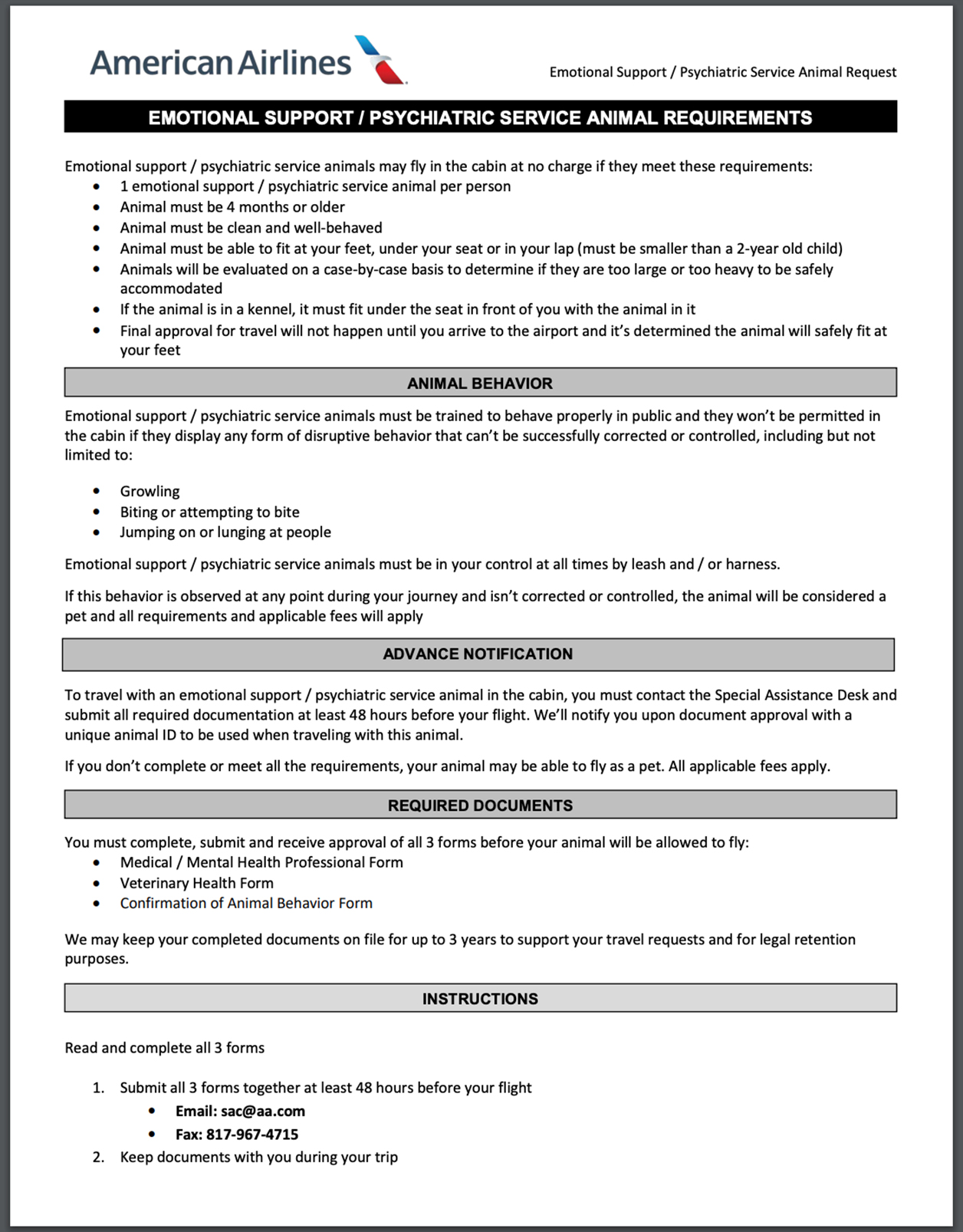 American Airlines Emotional Support Animal Form 2020 ESA Doctors