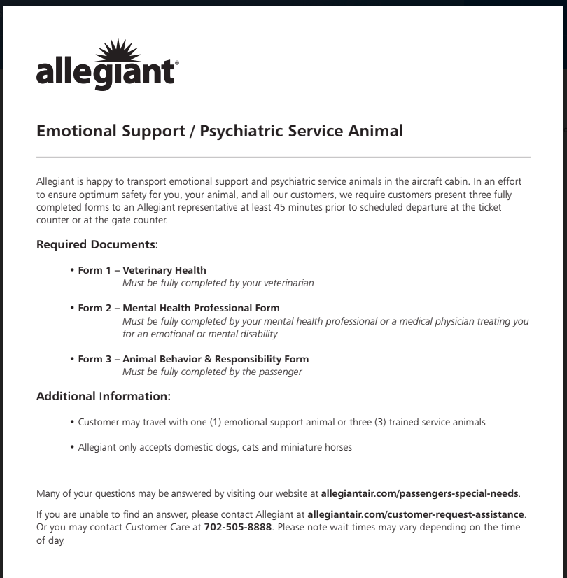 Allegiant Airlines Emotional Support Animal Policy ESA Doctors